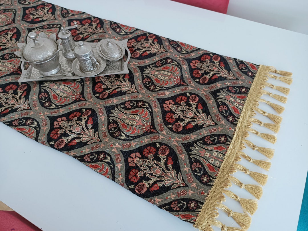 Black Tulip Kilim Table Runner Handmade Turkish Woven Rug Boho ...