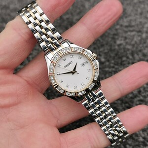 Seiko Quartz Watch, Crystal Bezel, Round Dial, Two-tone Stainless Steel ...