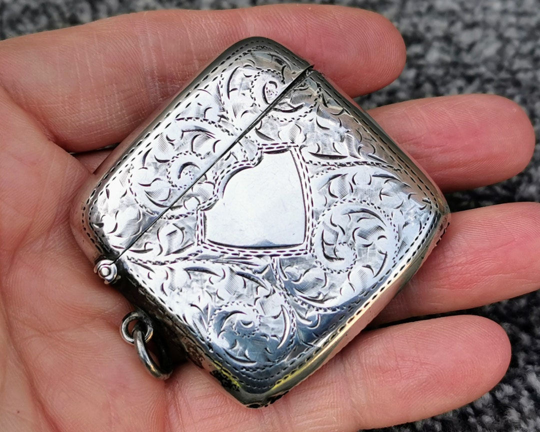 1907 Antique THH Solid Silver 925 Curved Vesta Case Match Safe, Open ...