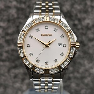 Seiko Quartz Watch, Crystal Bezel, Round Dial, Two-tone Stainless Steel ...