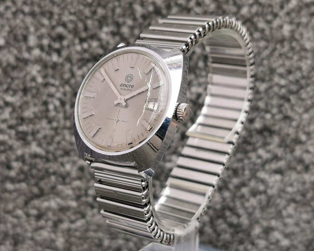 Vintage French ANCRE 15 Rubis Hand Wind Watch Round Stainless Steel ...
