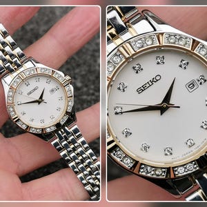 Seiko Quartz Watch, Crystal Bezel, Round Dial, Two-tone Stainless Steel ...
