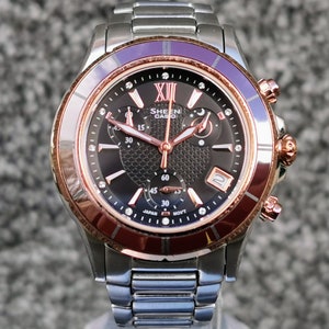 Casio SHEEN Watch Ceramic Rose Gold Bezel, Round Black Dial, Stainless ...