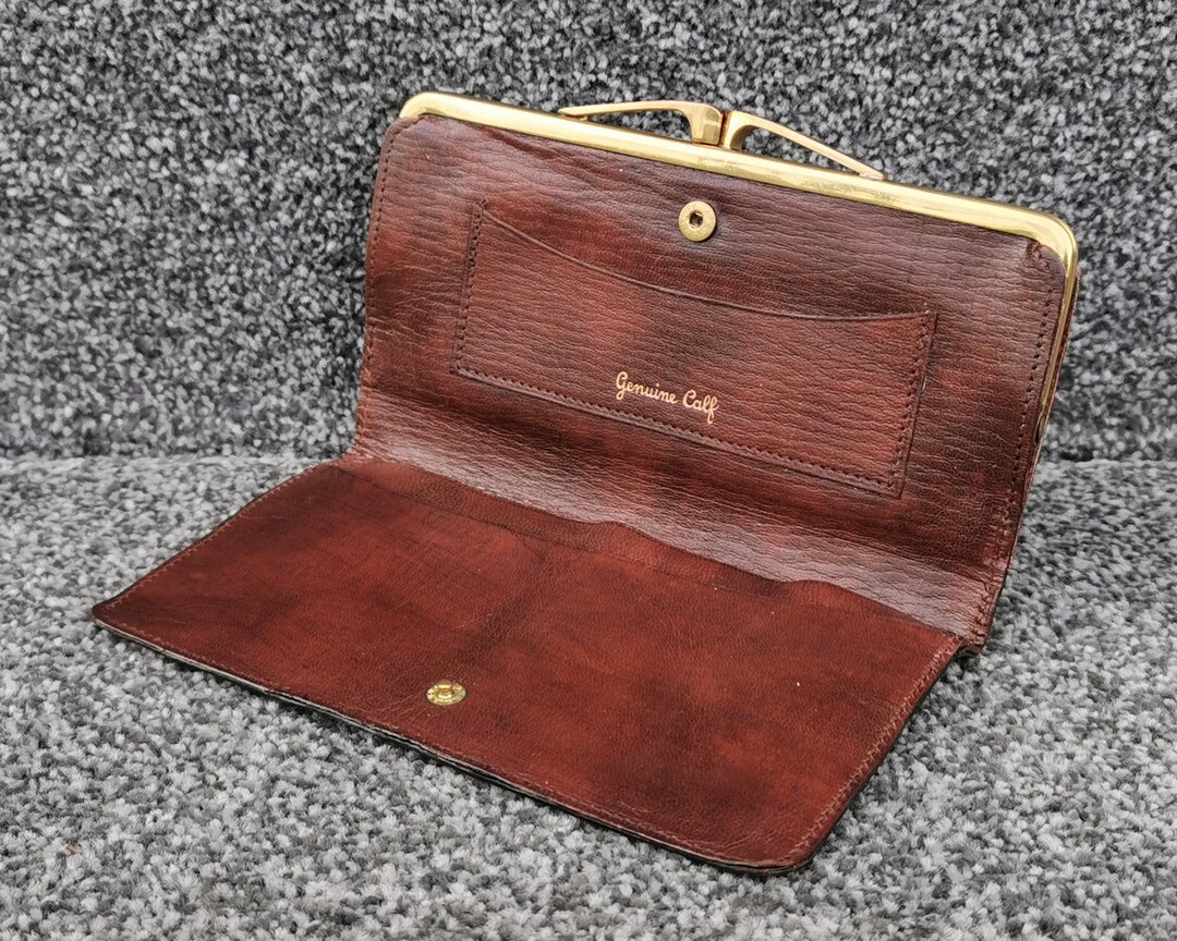 1960s Calf Leather Purse, Notes, Cards & Coins, Kiss Clasp, Wide and ...
