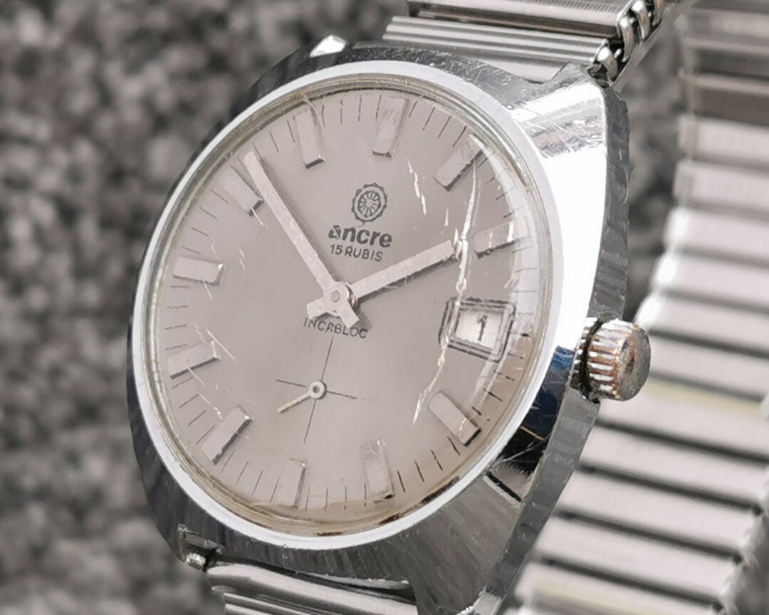 Vintage French ANCRE 15 Rubis Hand Wind Watch Round Stainless Steel ...