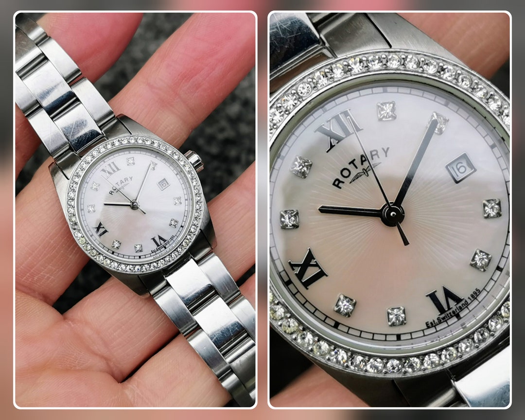 Rotary Quartz Watch Crystal Bezel Round Pearl Dial Date - Etsy