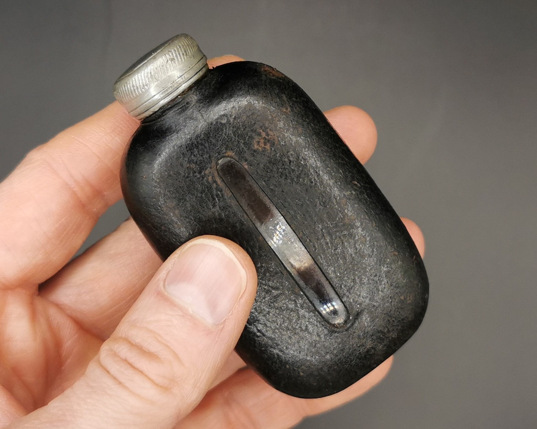 Antique 3" Miniature Hip Tot Flask 25ml 0.9oz Blown Glass, Leather ...