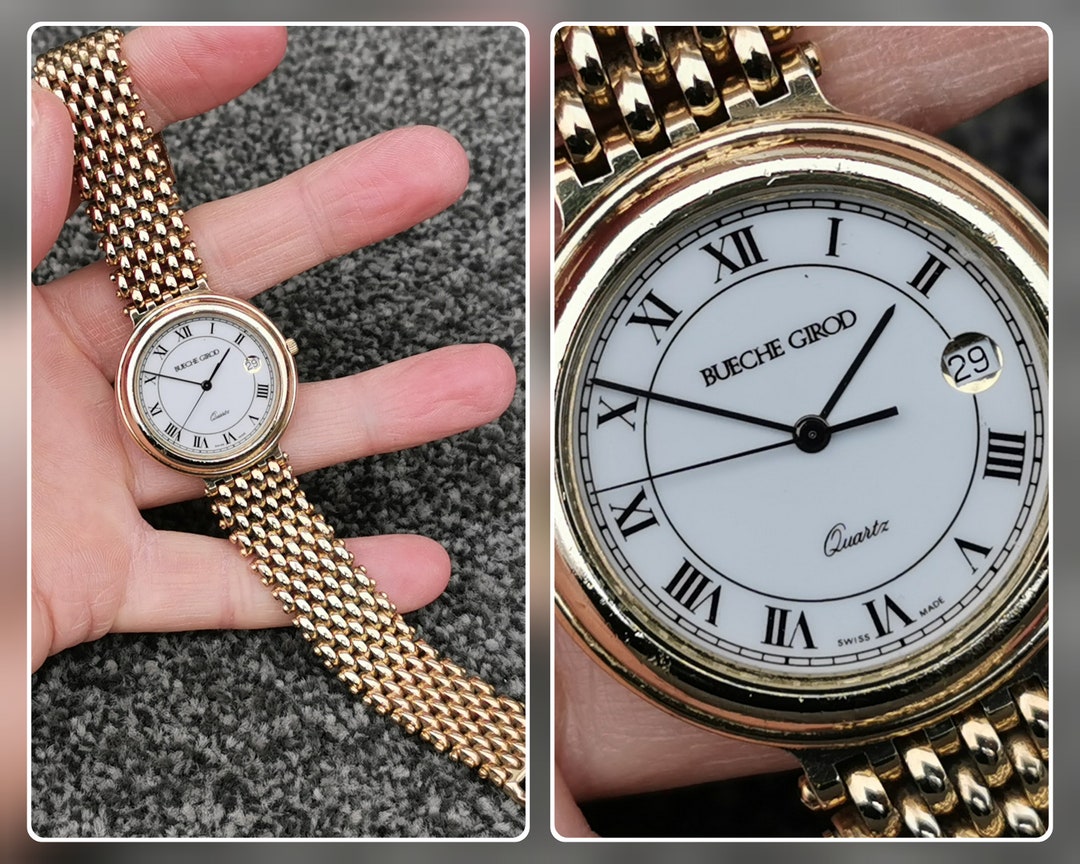 Vintage Bueche Girod Quartz Watch, Swiss Made, Round Dial, Gold Plated ...