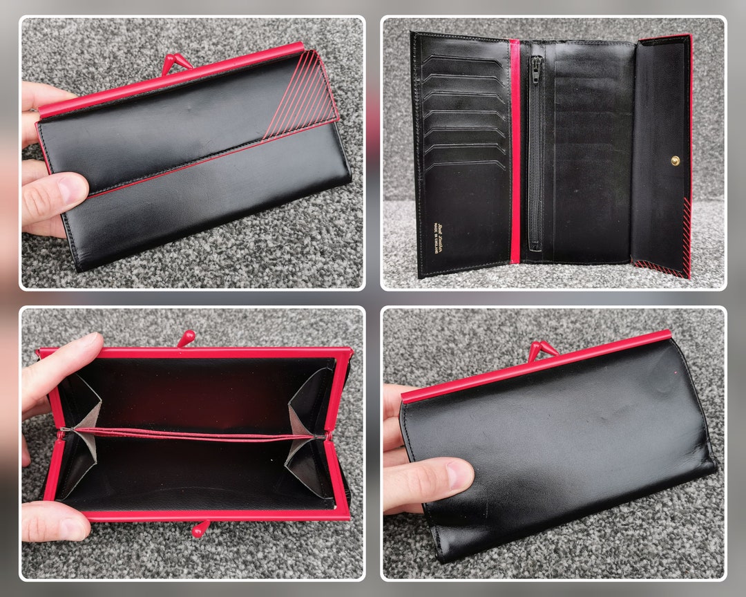 80s Retro Black & Red Leather Purse, Notes Organiser, Kiss Clasp Coin ...