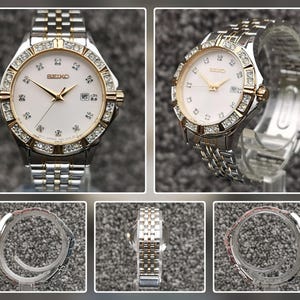 Seiko Quartz Watch, Crystal Bezel, Round Dial, Two-tone Stainless Steel ...