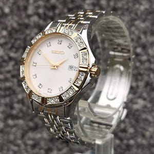 Seiko Quartz Watch, Crystal Bezel, Round Dial, Two-tone Stainless Steel ...