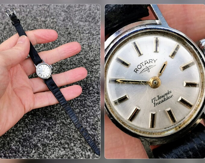 1960's Vintage ROTARY Swiss Made 17 Jewels Silver Round Dial Leather ...