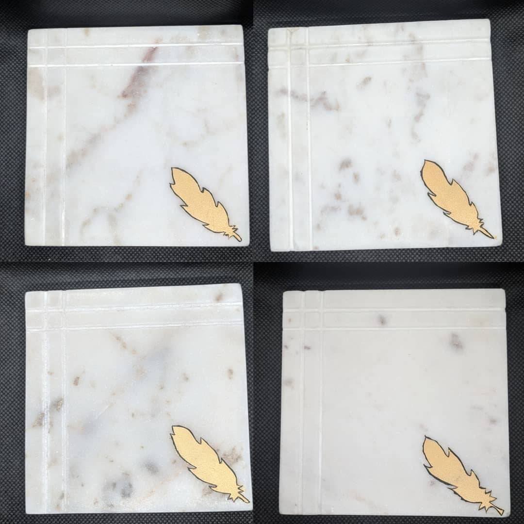 Real Marble Luxury Drink Coasters Set With Golden Feathers ...