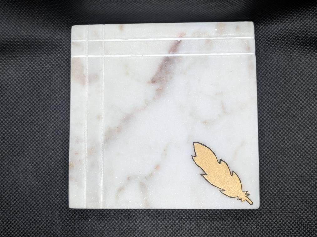 Real Marble Luxury Drink Coasters Set With Golden Feathers ...