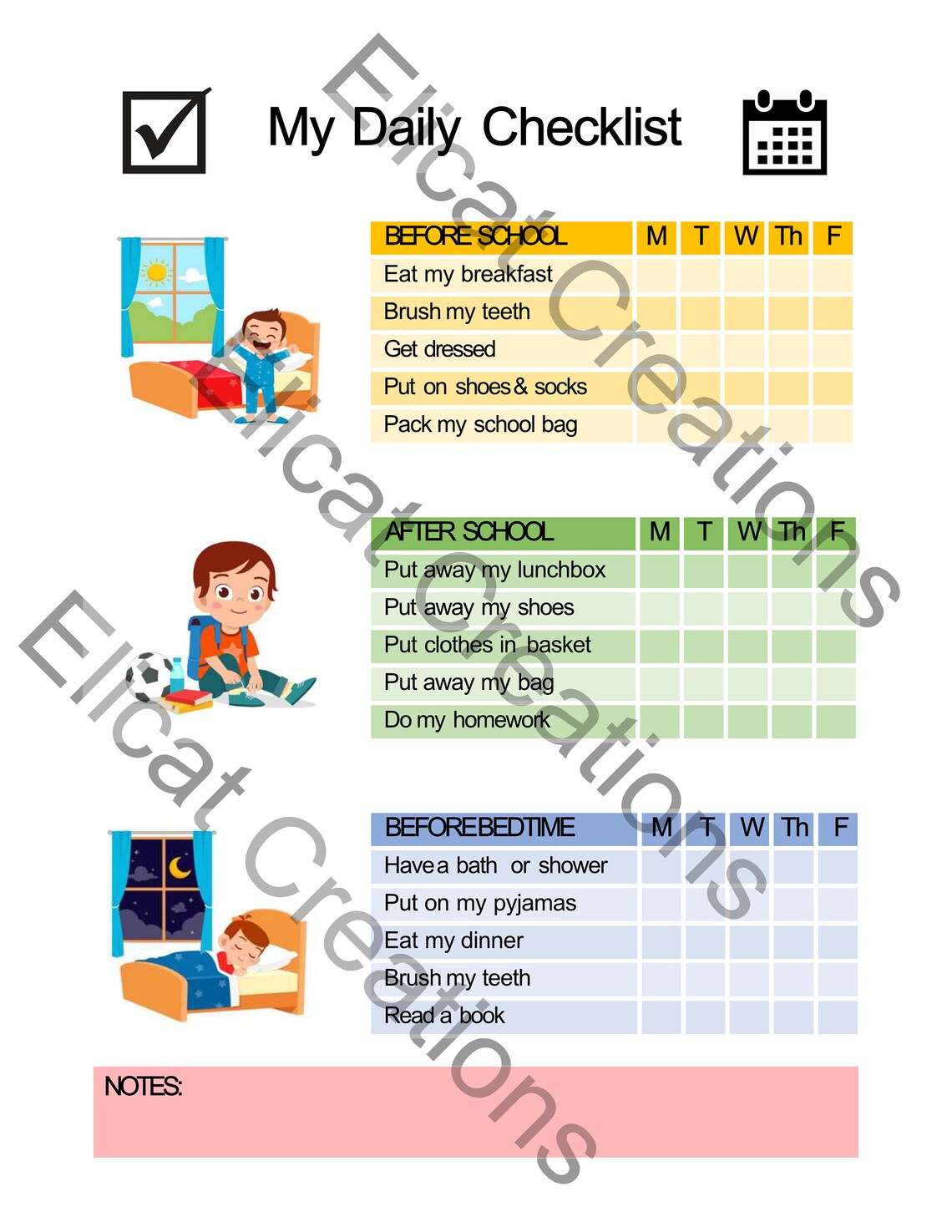 Kids Daily Routine Checklist Chart Printable - Brown Hair Light Skin ...