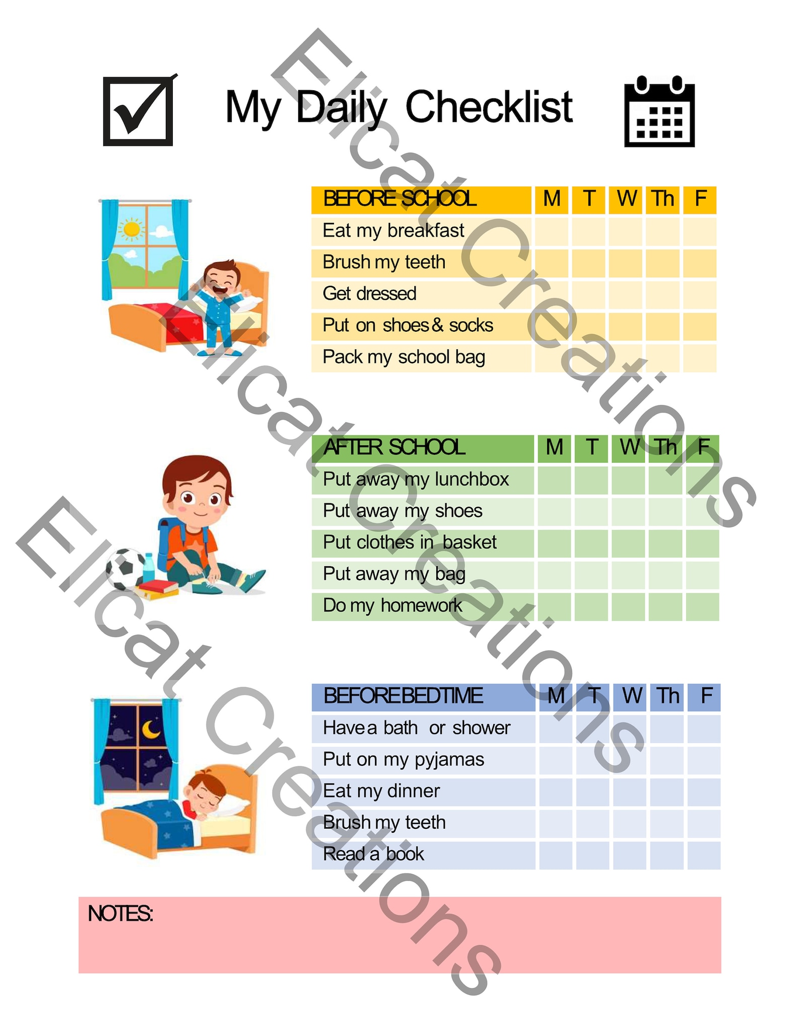 Kids Daily Routine Checklist Chart Printable - Brown Hair Light Skin ...
