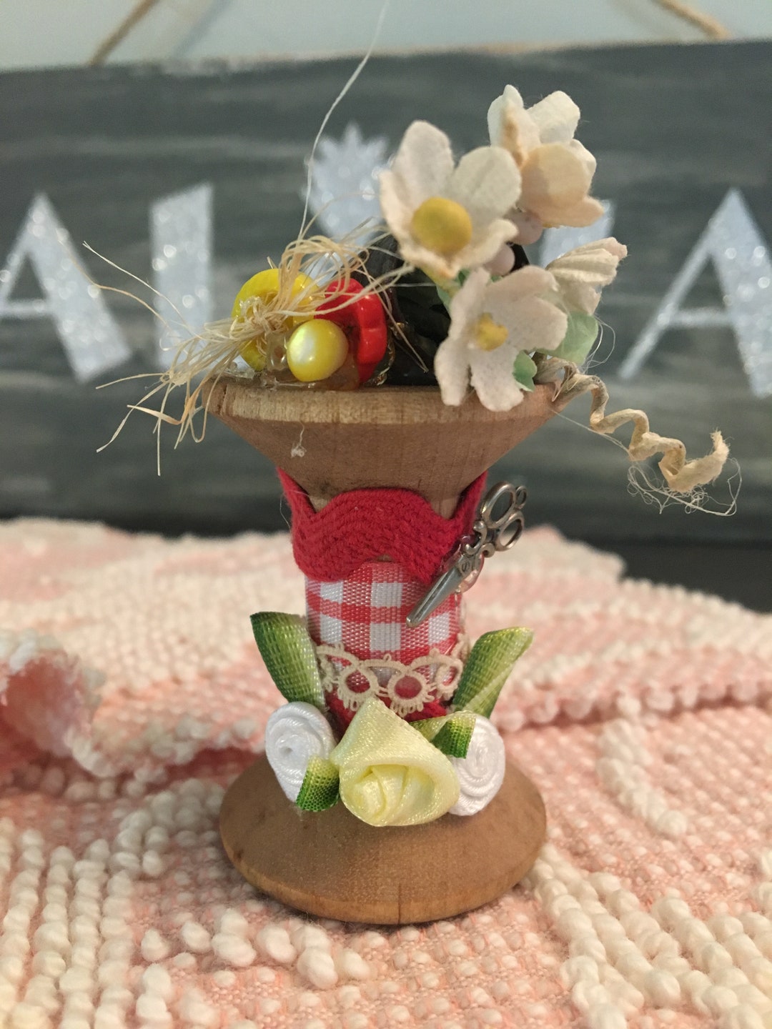 Vintage Wooden Spool * Decorated With Silk Ribbon * Rick Rack * Vintage ...