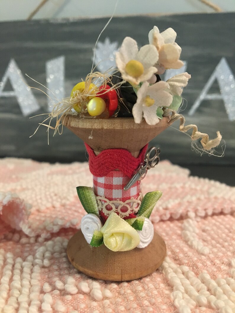 Vintage Wooden Spool * Decorated With Silk Ribbon * Rick Rack * Vintage ...