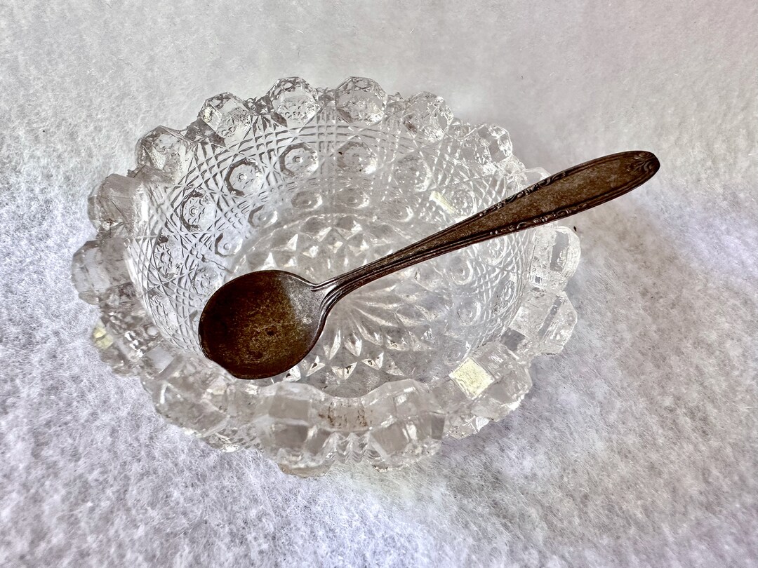 Small Clear Cut Glass Salt Dish With Sterling Silver Serving Spoon - Etsy