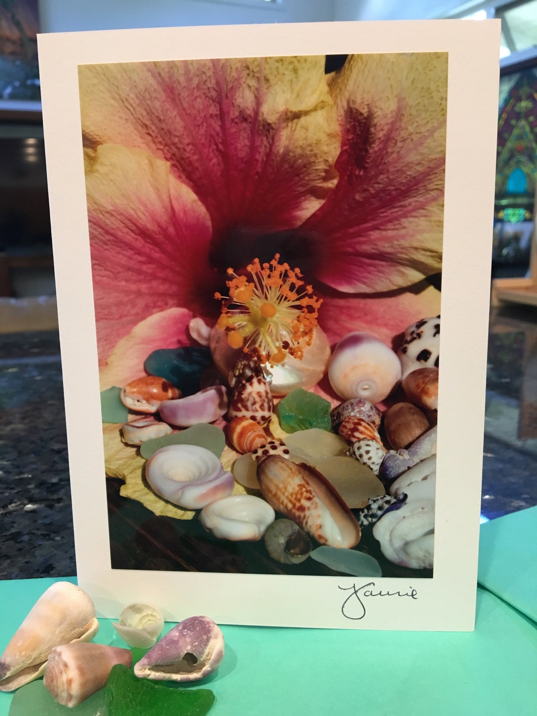 Pink Hibiscus With Shells Blank Photo Card With Envelope - Etsy