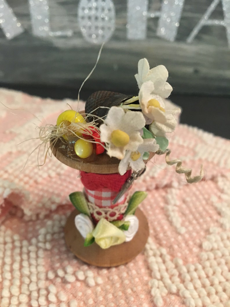 Vintage Wooden Spool * Decorated With Silk Ribbon * Rick Rack * Vintage ...