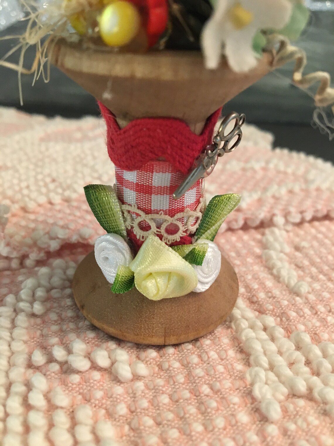 Vintage Wooden Spool * Decorated With Silk Ribbon * Rick Rack * Vintage ...