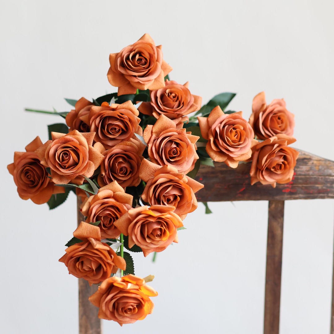 16" Burnt Orange Flowers, Fall Flowers, Terracotta Flowers, Silk Roses ...