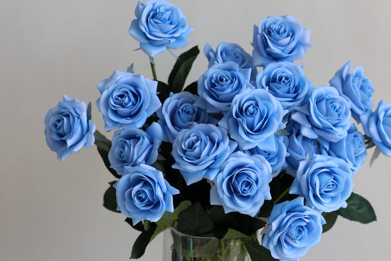 16"light Blue Real Touch Roses, Blue Artificial Flowers, Wedding Home ...