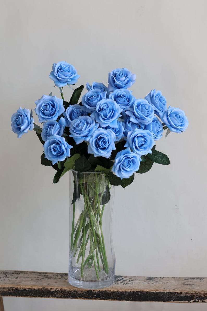 16"light Blue Real Touch Roses, Blue Artificial Flowers, Wedding Home ...