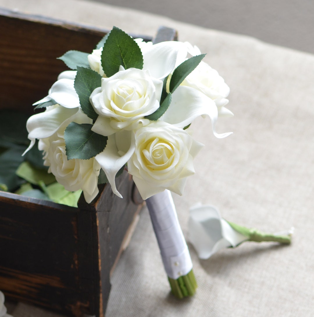 Ivory Roses Ivory Calla Lilies Rustic Bridesmaids Bouquet Real Touch ...