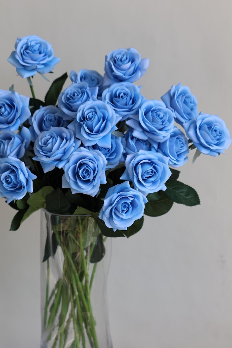 16"light Blue Real Touch Roses, Blue Artificial Flowers, Wedding Home ...