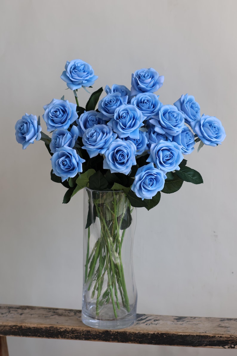 16"light Blue Real Touch Roses, Blue Artificial Flowers, Wedding Home ...