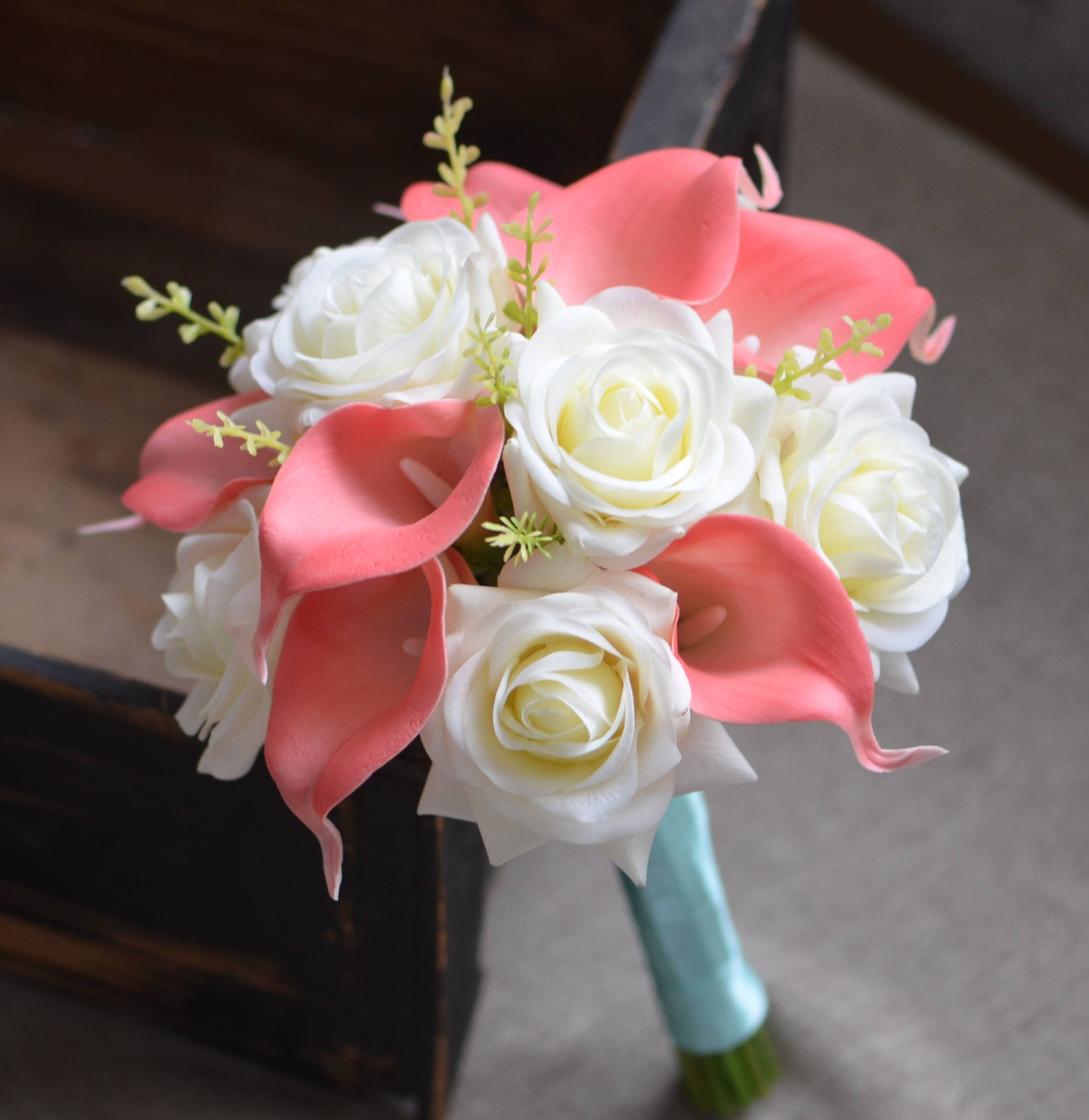 Coral Bridesmaids Bouquet Ivory Roses Coral Calla Lilies Real | Etsy