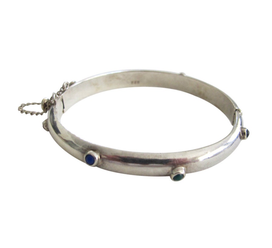 Sterling Silver & Bezel Set Semi-precious Stones Bangle - Etsy