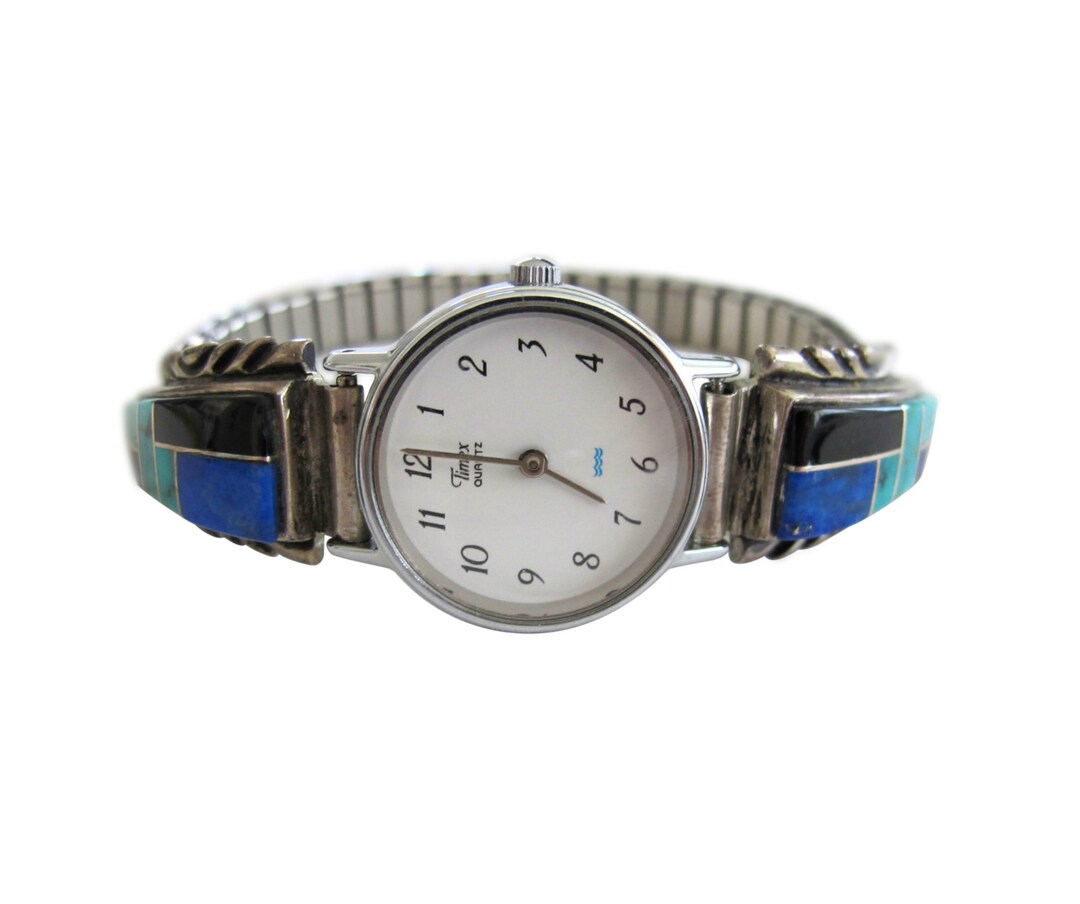 Zuni Sterling Silver Inlay Watch Band With Turquoise Lapis Black Onyx ...