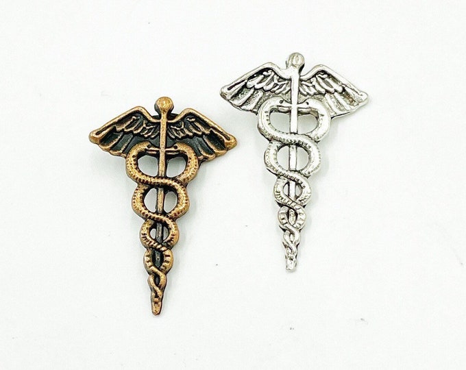 Copper Caduceus Charm, Antique Silver Caduceus Charm, Medical Symbol ...