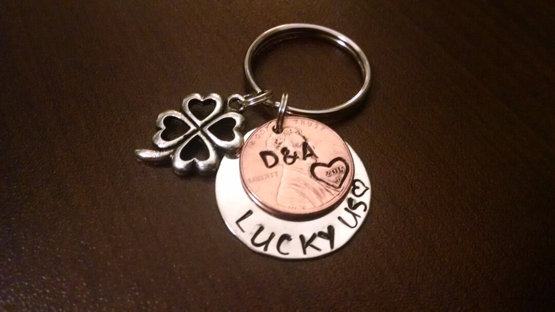 Lucky Us Custom Stamped Lucky Penny Key Chain With Heart Shamrock Charm ...