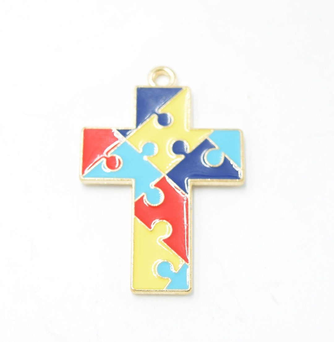 1 Autism Cross Charms 39mm X 27mm colorful Puzzle Piece Awareness Diy ...