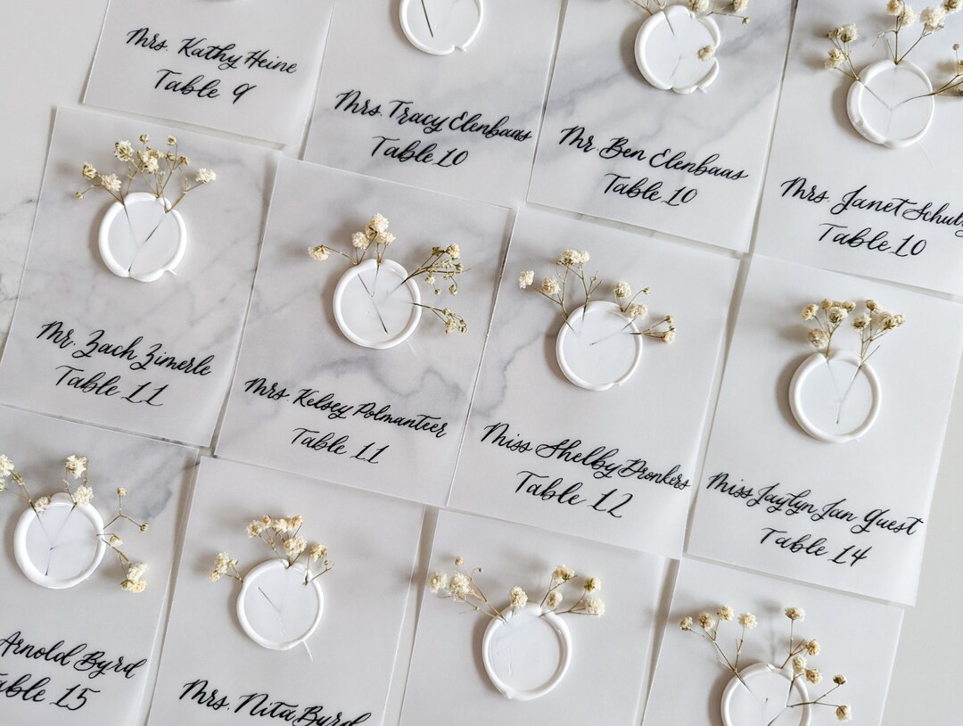 Vellum Place Cards With White Wax Seals and Baby's Breath, Calligraphy ...