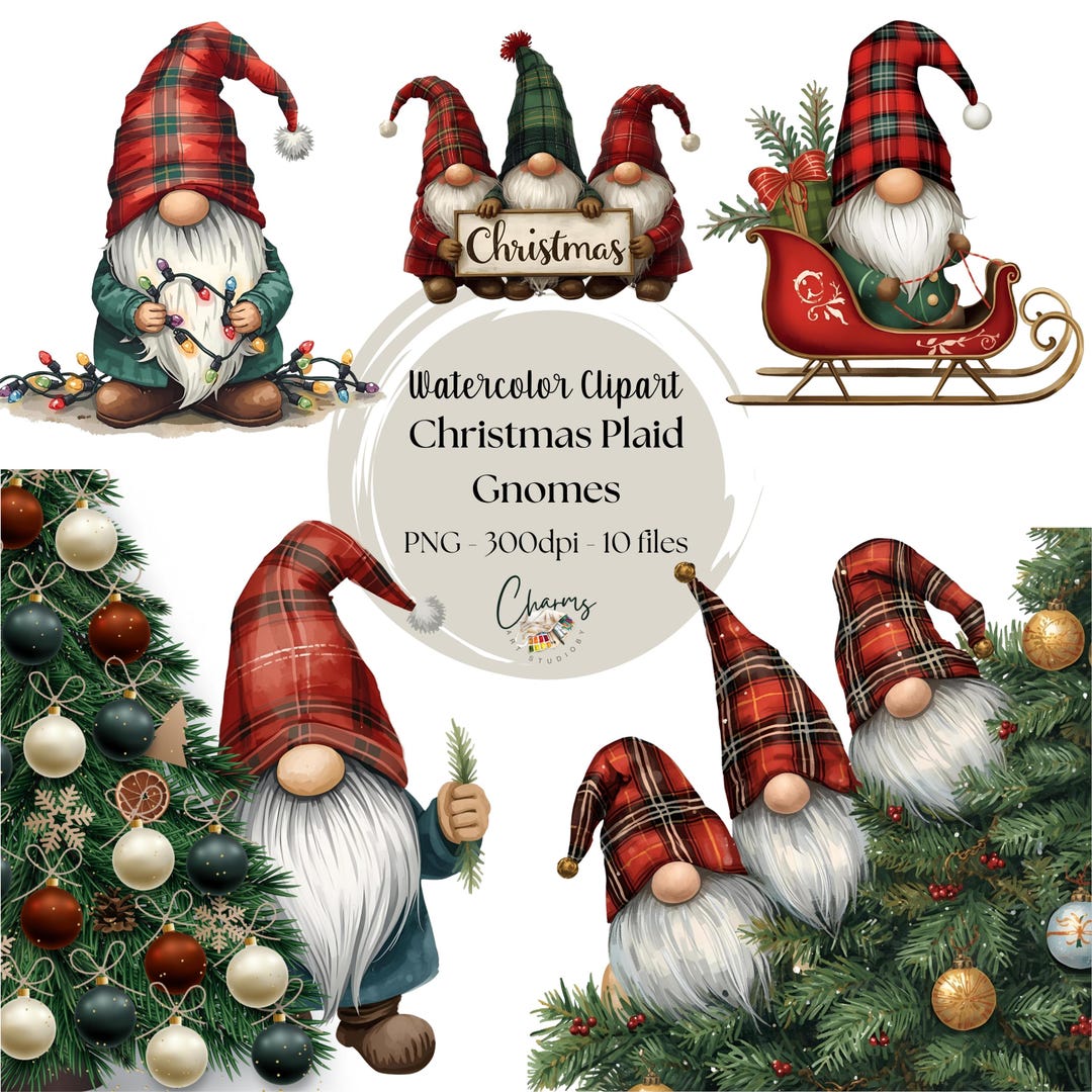 Christmas Gnomes Watercolor Clipart: Red Plaid PNG Bundle (digital ...