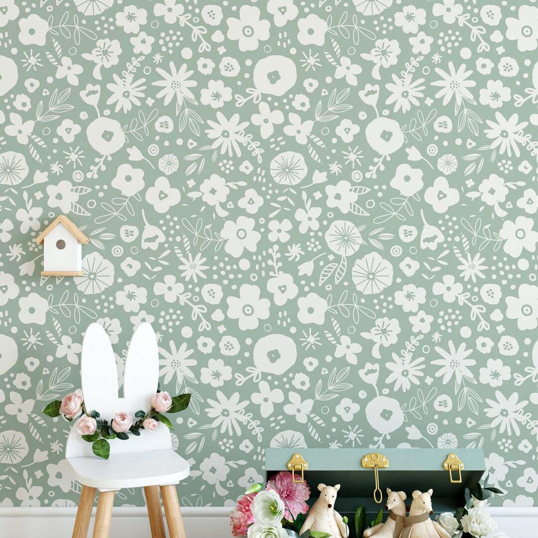 Sage Green Botanical Wallpaper Sticker Fabric Canvas Renters Pattern ...