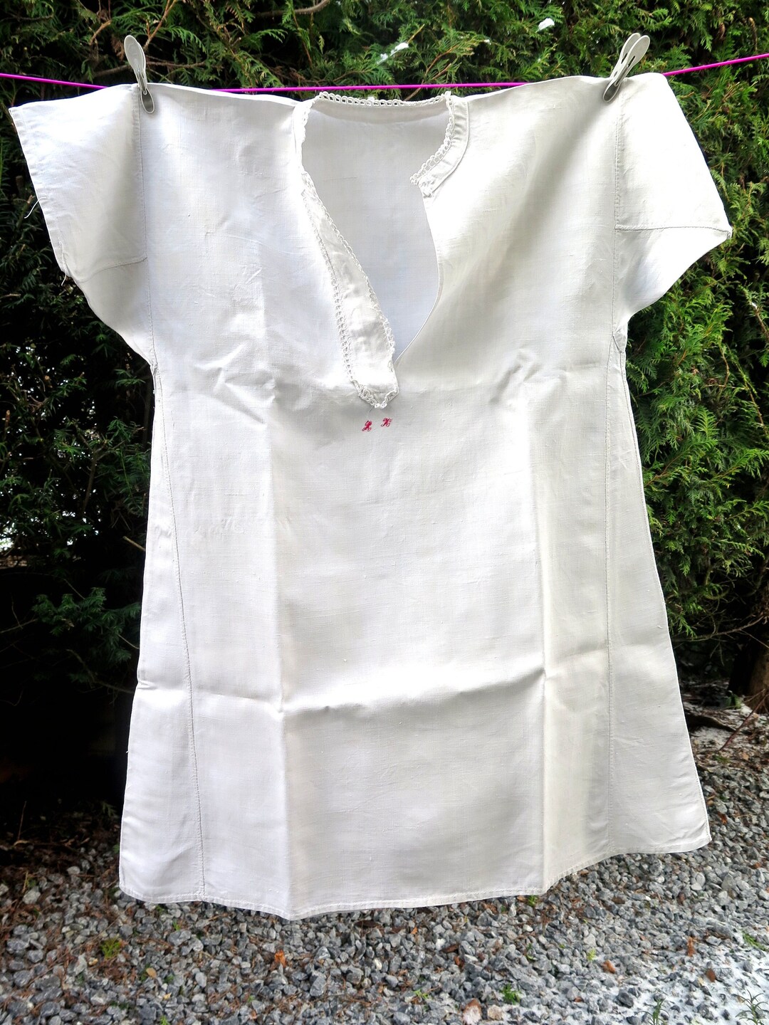 Linen Dress French Peasant Farmhouse Dress Crochet Lace Dress Monogram ...