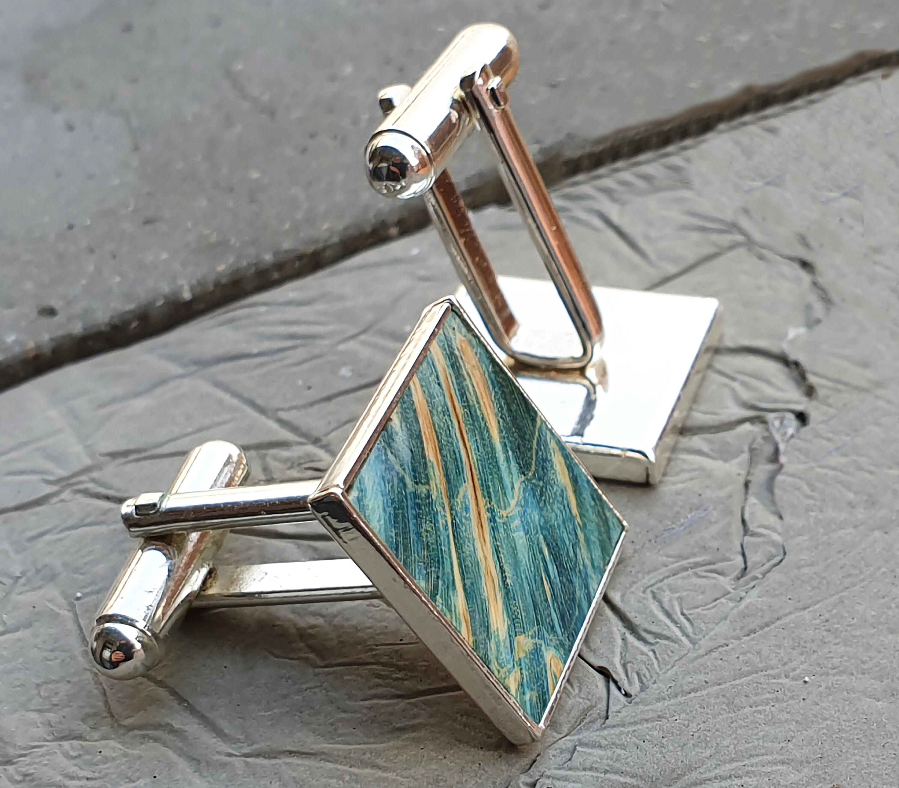 Turquoise Wood Inlay Cufflinks Silver Plated Square Wooden - Etsy