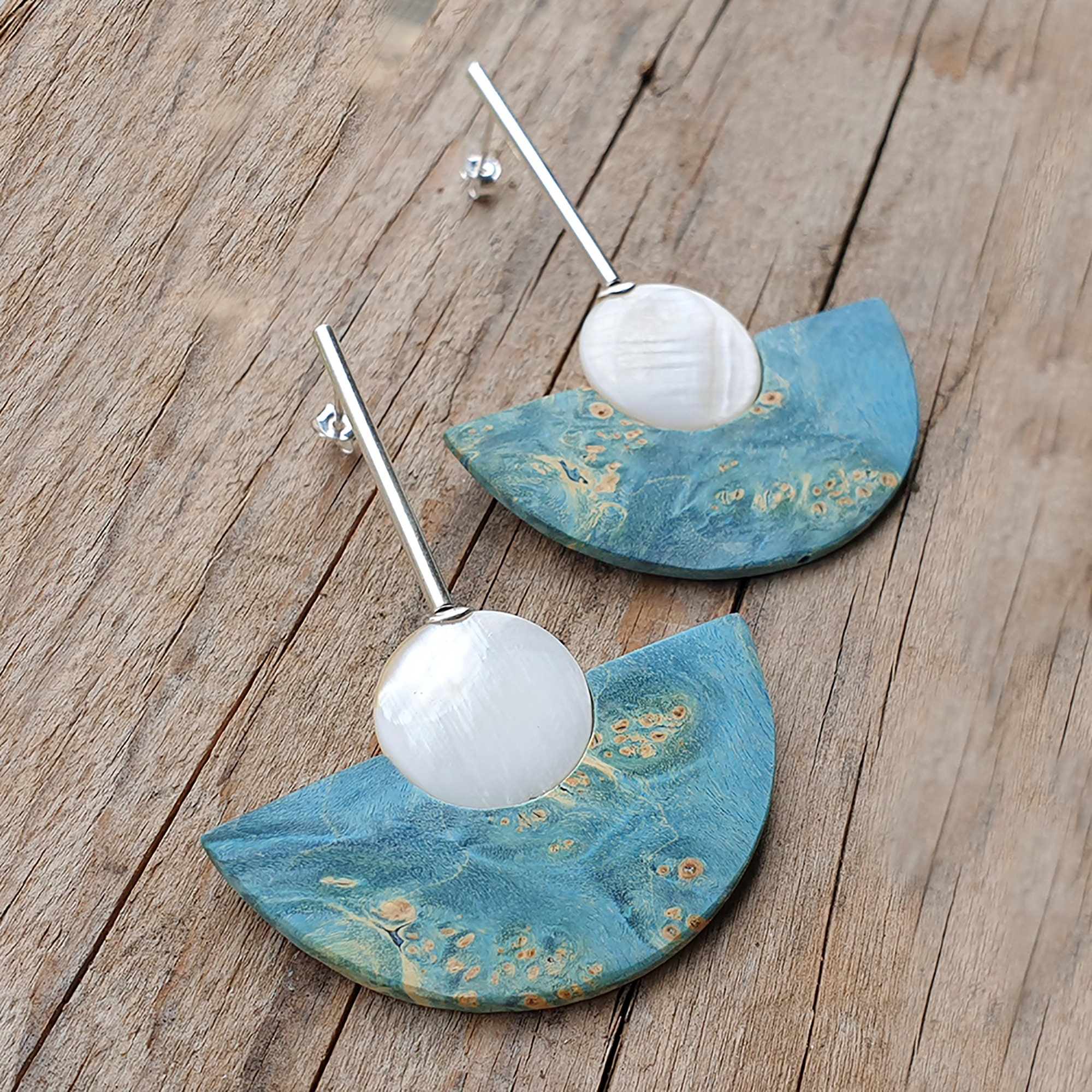 Turquoise Modern Wood Semicircle Drop Sterling Silver Stud Earrings ...