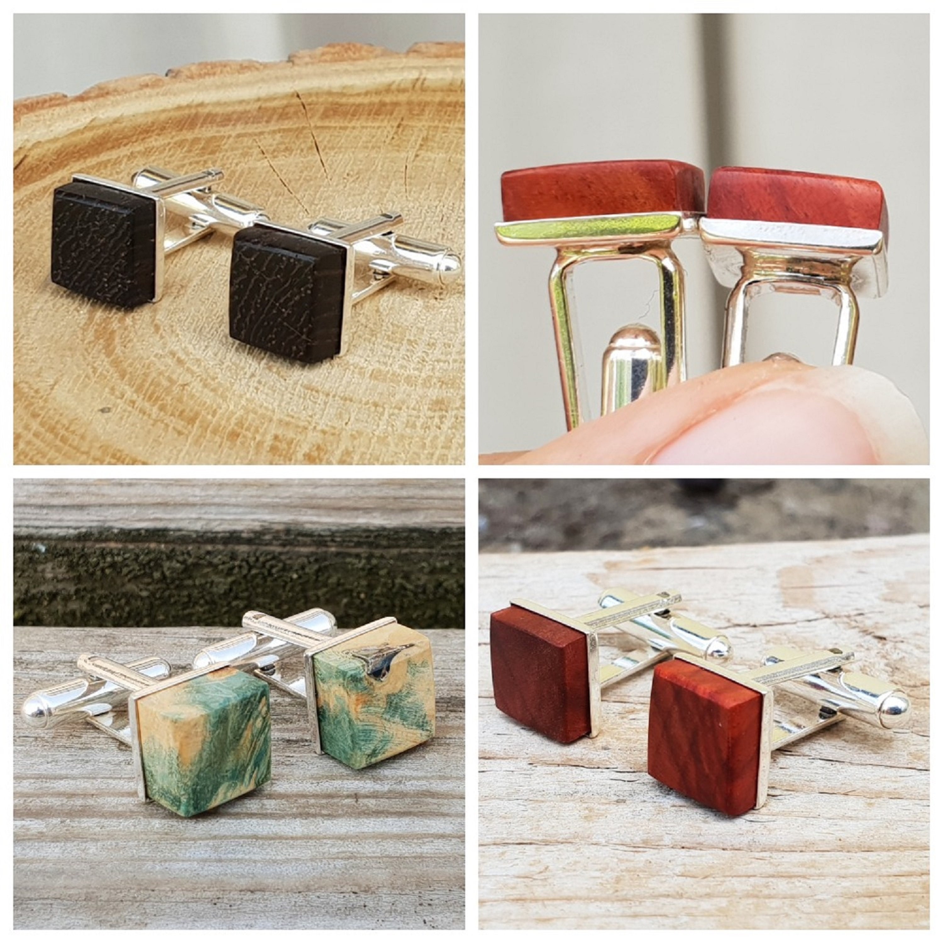 Turquoise Wood inlay cufflinks Silver plated square wooden | Etsy