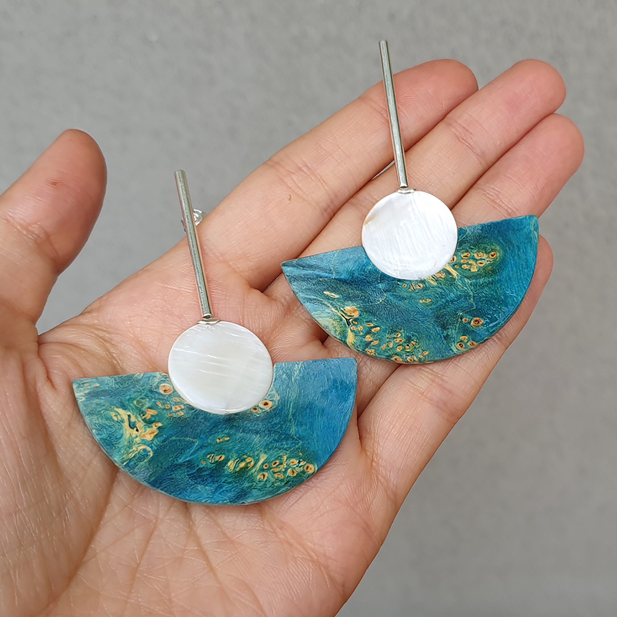 Turquoise Modern Wood Semicircle Drop Sterling Silver Stud Earrings ...