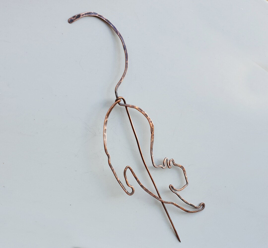 Cat Brooch, Oxidized Copper Wire Shawl Pin, Minimalist Silhouette Hand ...