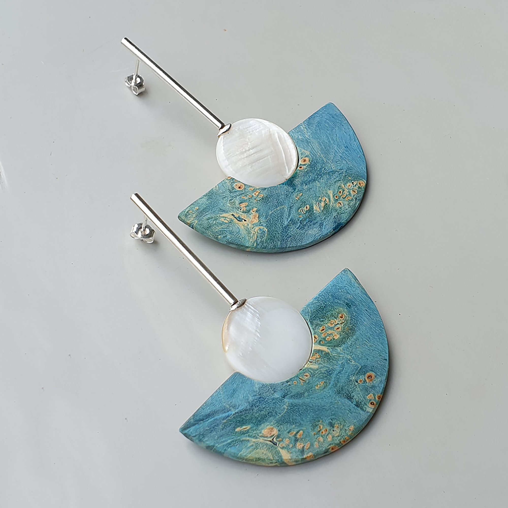 Turquoise Modern Wood Semicircle Drop Sterling Silver Stud Earrings ...