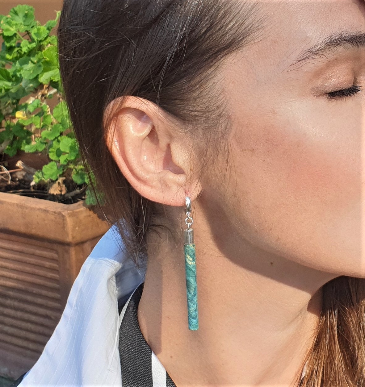 Turquoise Bar Sterling Silver Wooden Earrings Blue Dangle Tube - Etsy