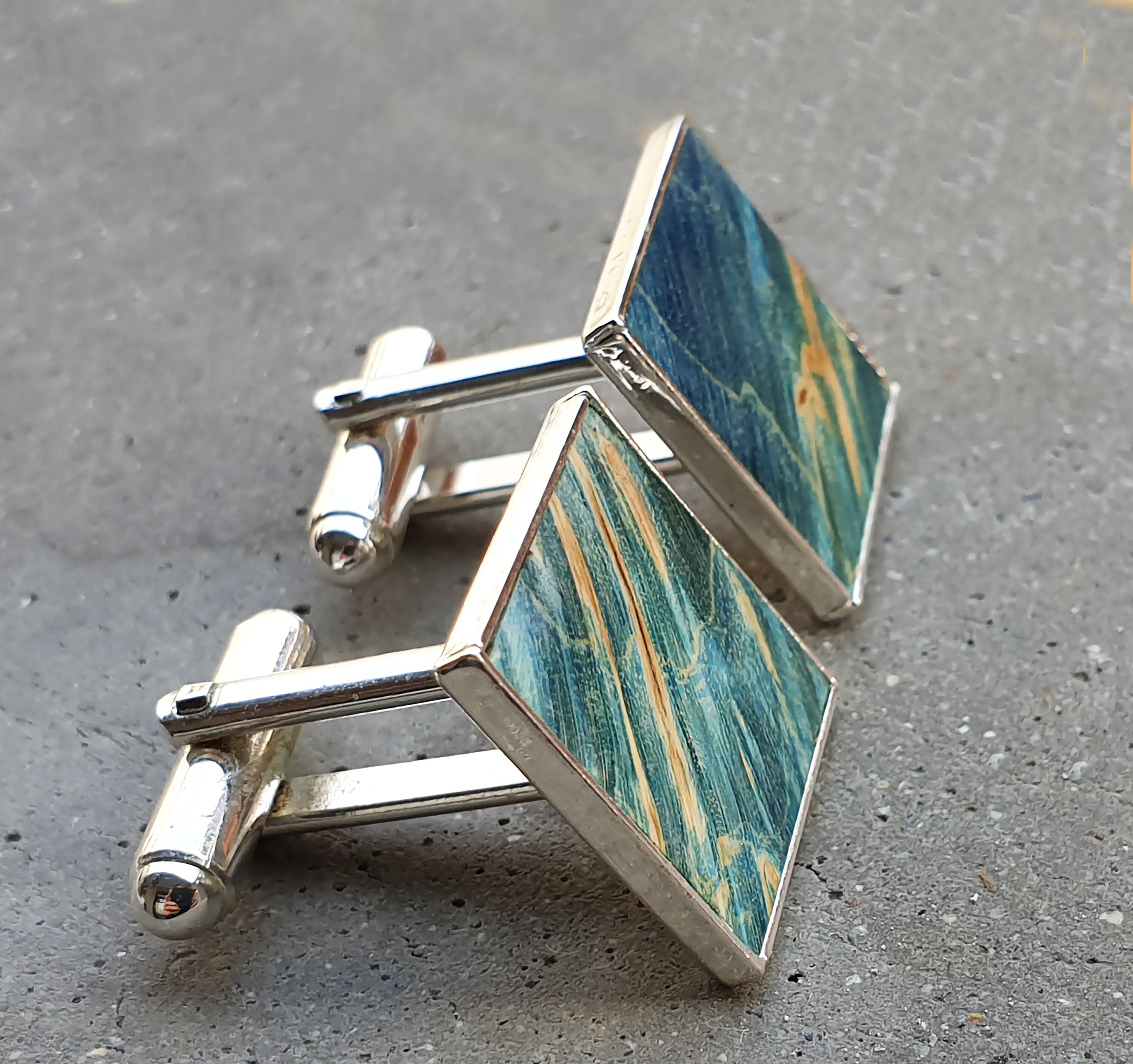 Turquoise Wood Inlay Cufflinks Silver Plated Square Wooden - Etsy